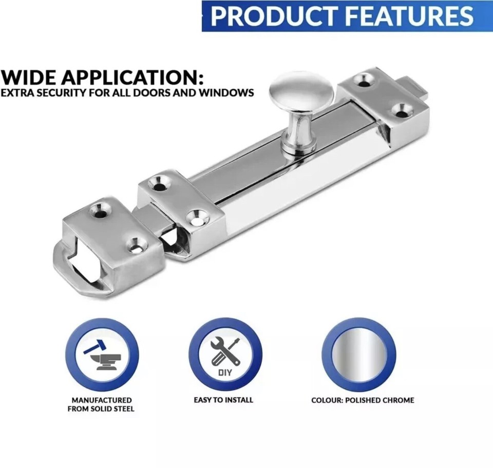 HEAVY DUTY CHROME DOOR BOLT 100mm/4" With Screws | eBay UK