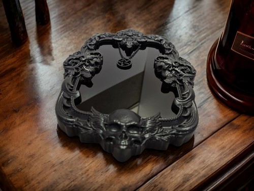 Black Scrying mirror Wooden wall obsidian mirror with demon skull ...