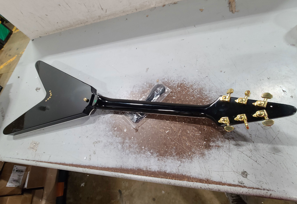 Flying V Electric Guitar Black Strings Thru Body Bone Nut Gold Hardware ...