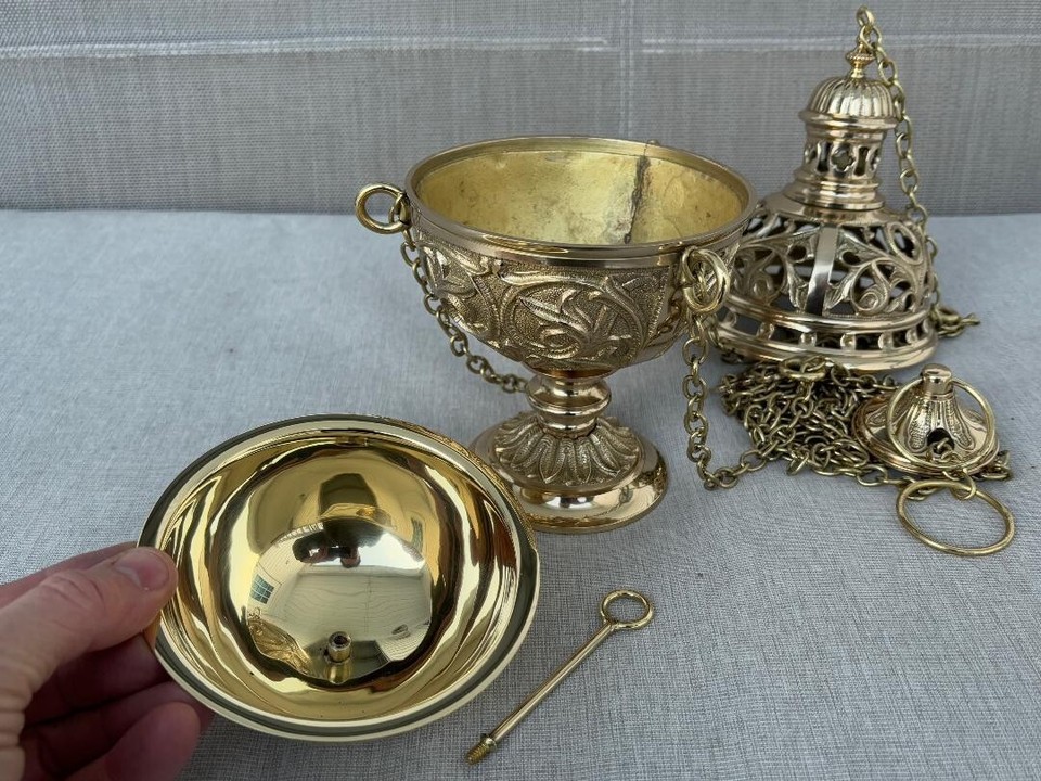 Traditional Triple Chain Brass Church Censer, Thurible w/Liner (Q395 ...
