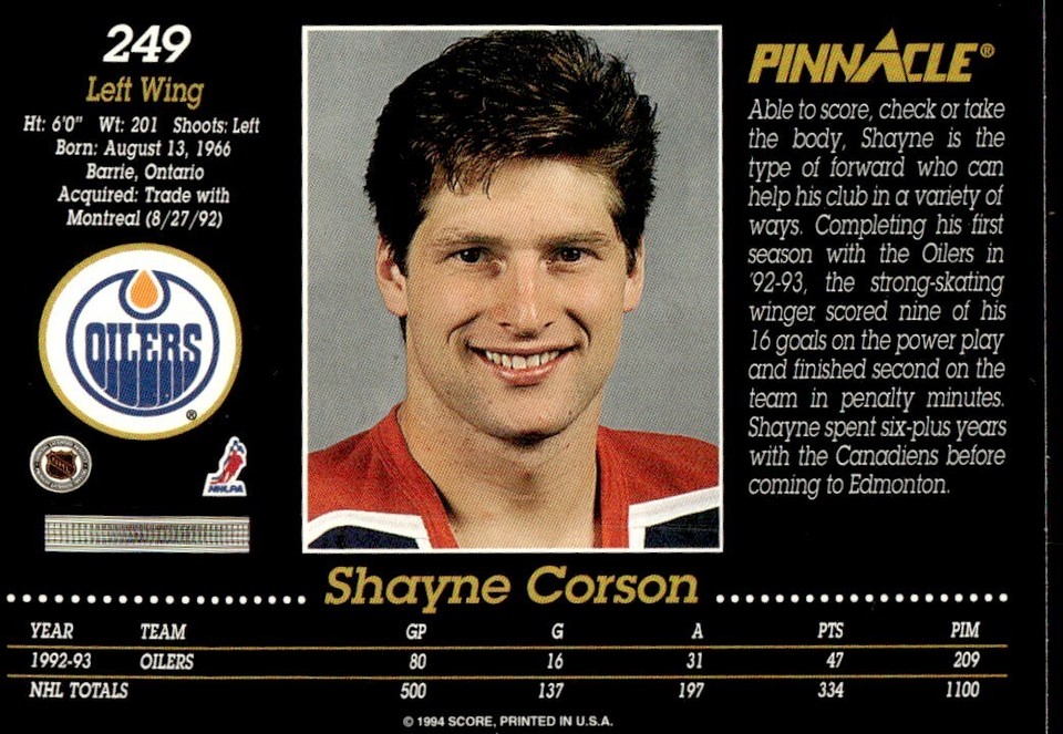 1993-94 Pinnacle Shayne Corson Edmonton Oilers #249 | eBay