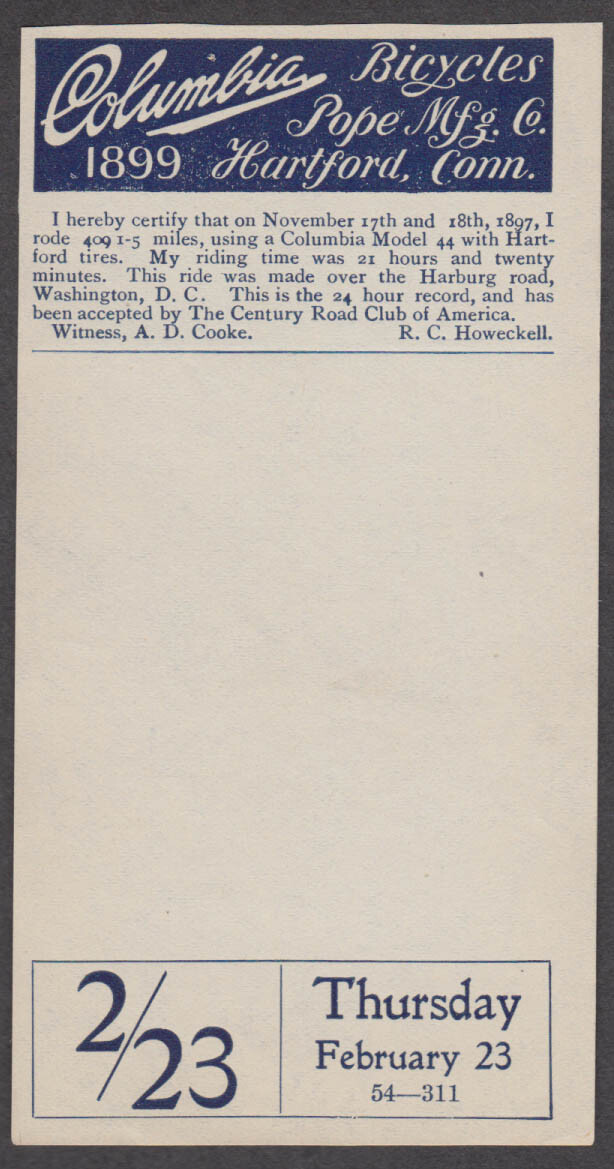 Columbia Bicycle 1899 calendar page 24-hour record ride R C Howeckell ...
