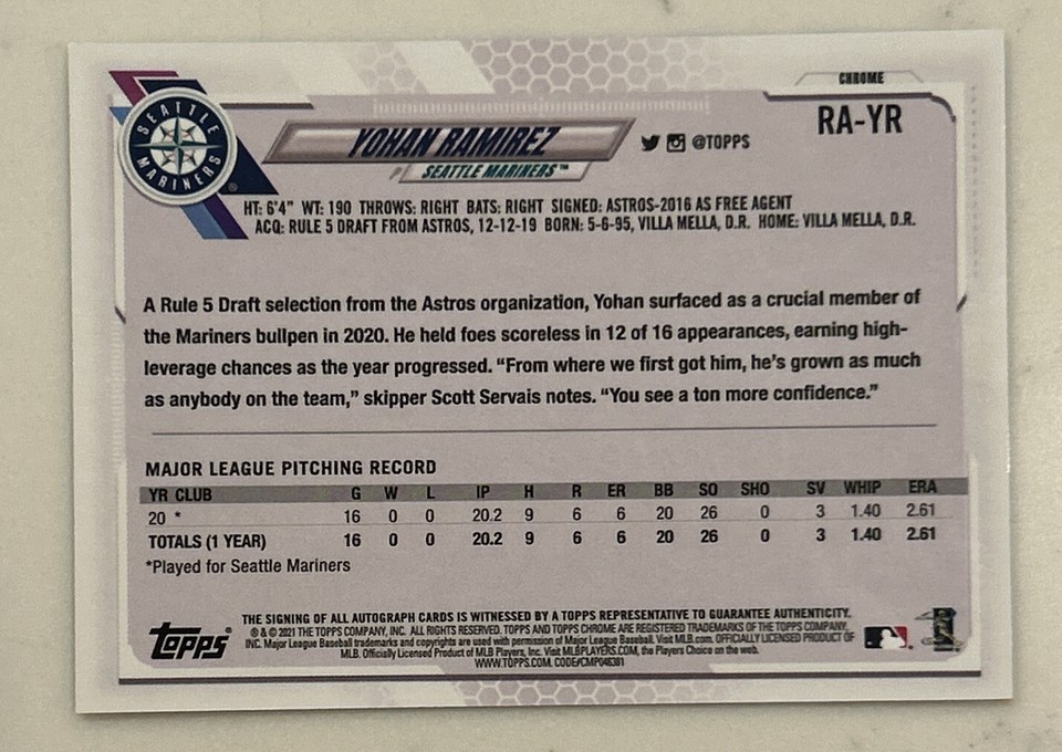 2021 Topps Chrome Rookie Autograph Yohan Ramirez RC Auto RA-YR Mariners ...