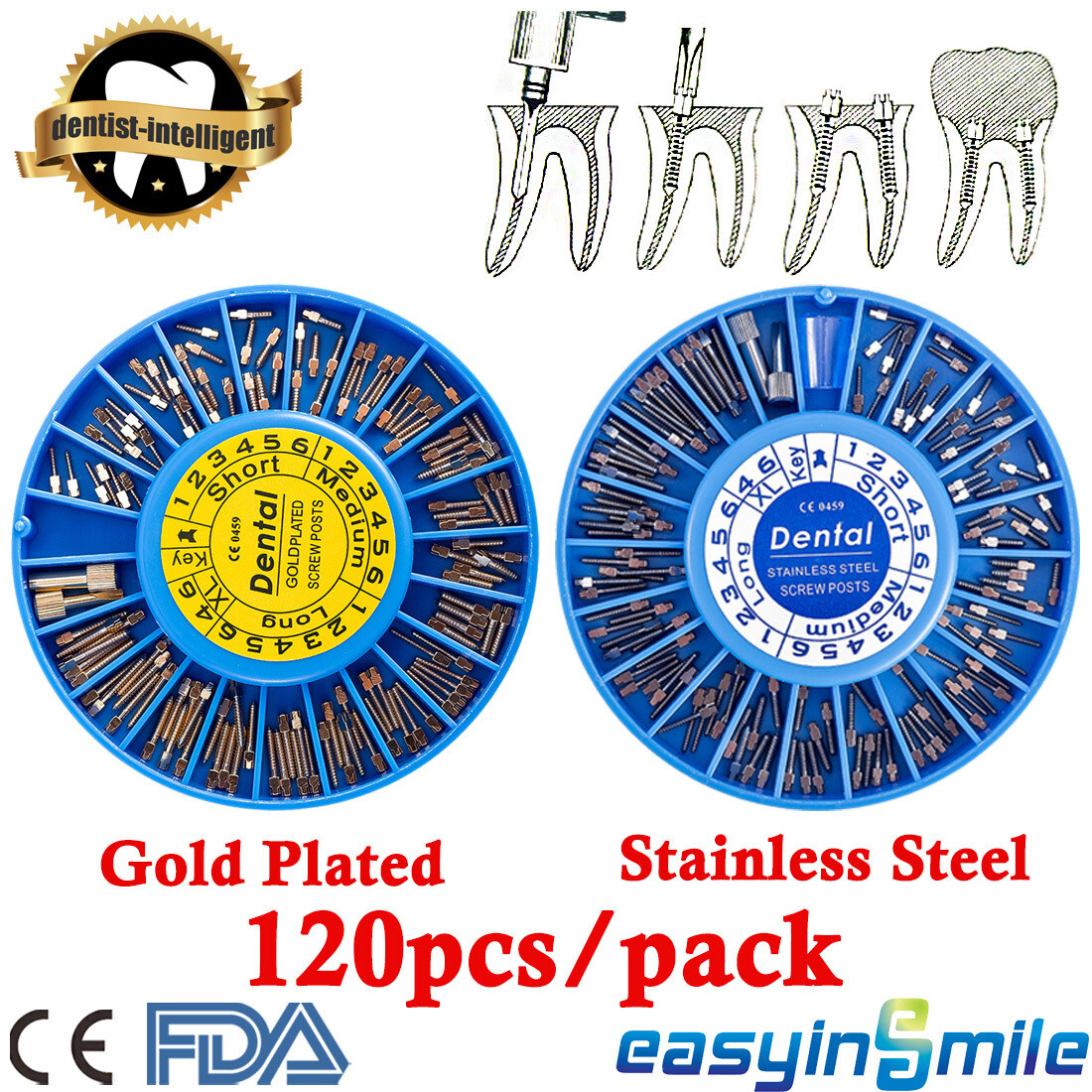 120X Dental Root Canal Screw Posts 24k Gold Plated/Stainless Steel ...