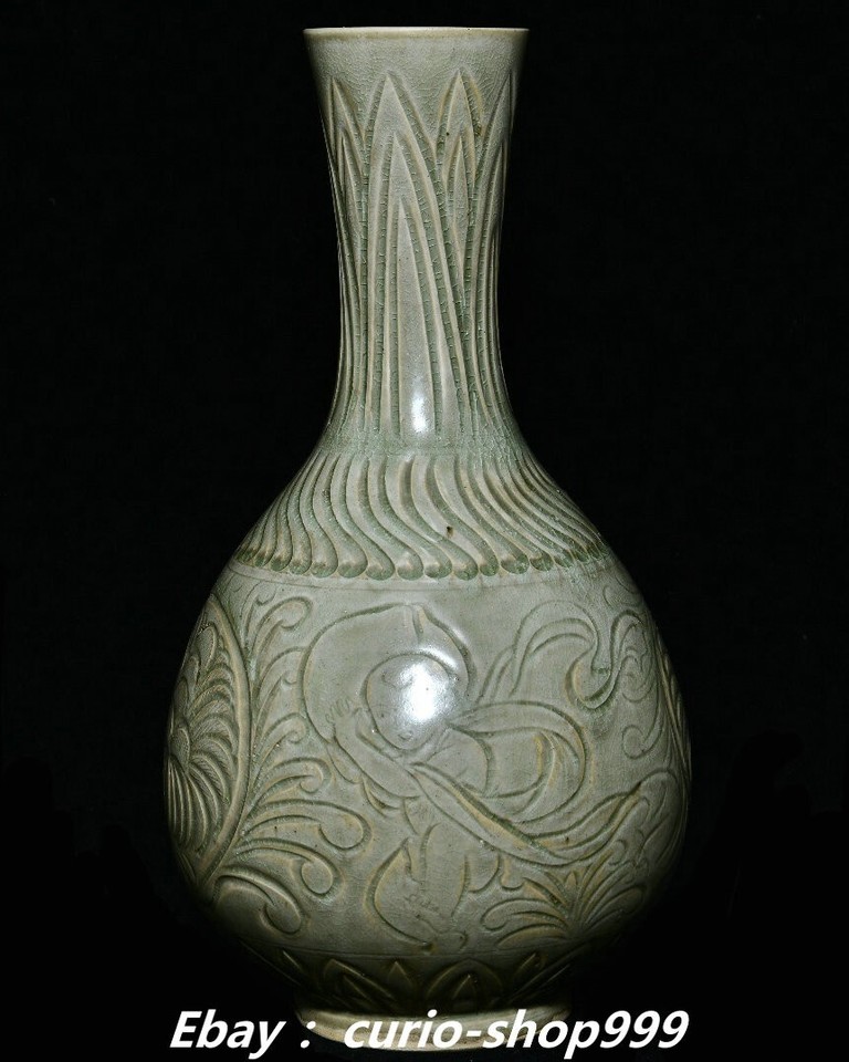 13" China Song Dynasty Yaozhou Kiln Porcelain Fengshui Peony Flower ...