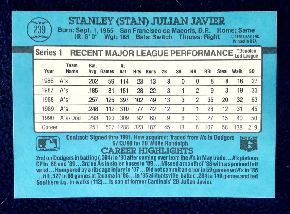 1991 Donruss Stan Javier #239 Baseball Card Los Angeles Dodgers | eBay