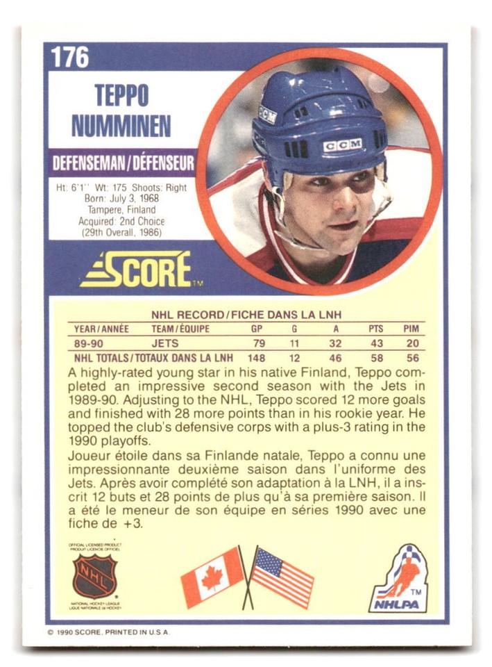 Teppo Numminen 1990 Score Canadian HOCKEY #176 Winnipeg Jets | eBay
