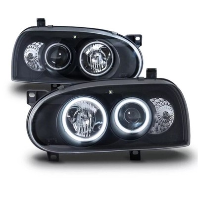 For 1993-1998 VW Golf MK3 Black Headlights Lamps Dual Halo Projector LH ...