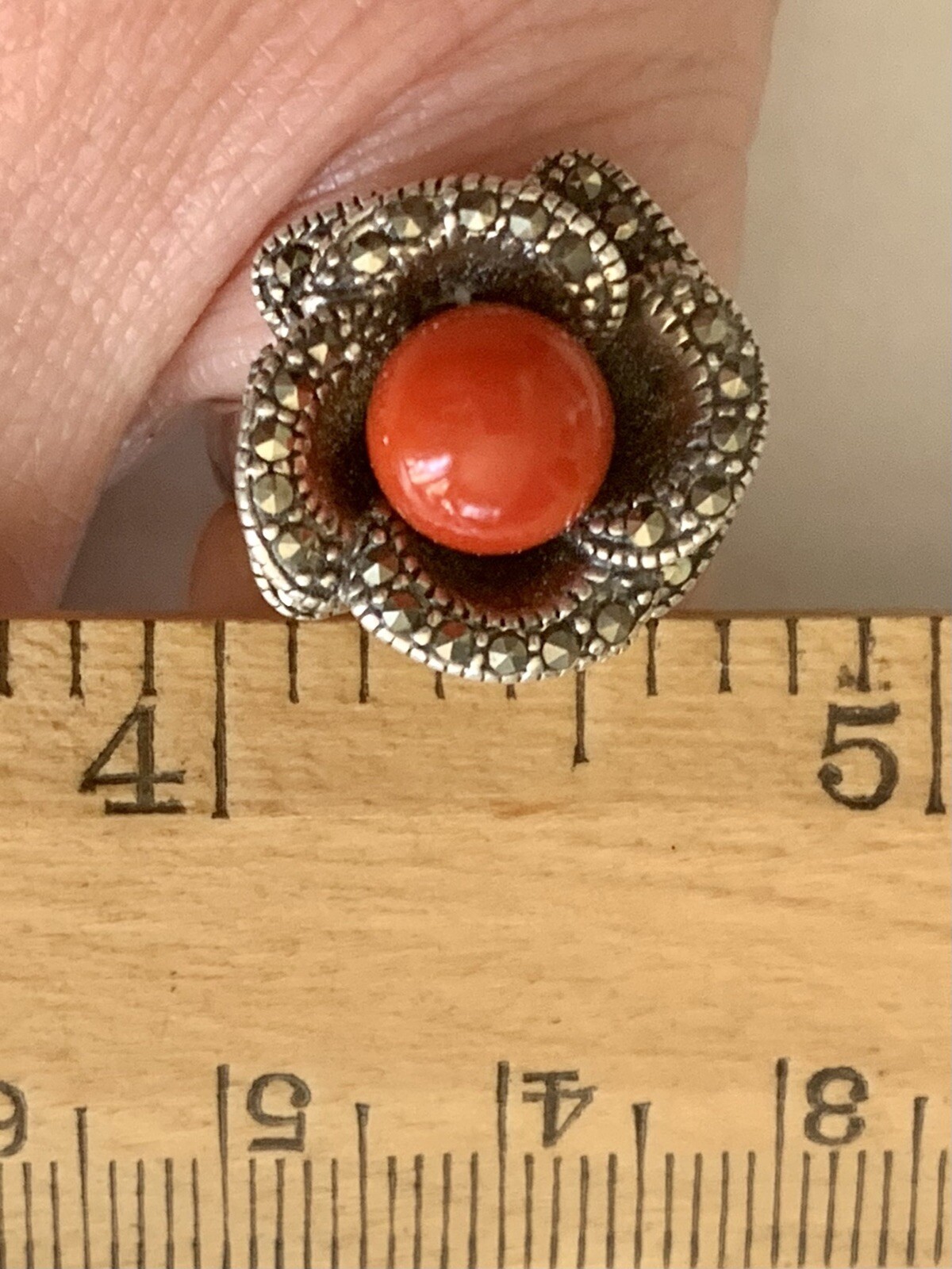 Vintage Sterling Silver Rose Ring With Red Coral Center & Marcasite ...