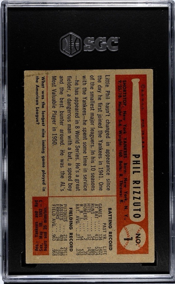 1954 Bowman PHIL RIZZUTO #1 SGC 4 Yankees HOF Centered! GREAT EYE ...