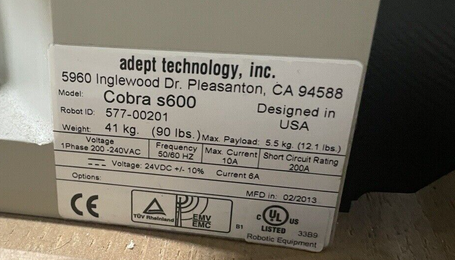 Cobra s600 SCARA Robot Arm with Adept 04900 Servo Controller Power ...