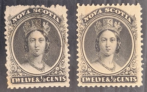 SCARCE 1860 Nova Scotia pair of 12 1/2c black QV stamps Mint/Used SG17 ...