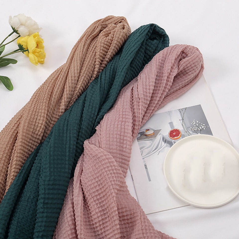 Women's Tassel Plaid Scarf Solid Color Muslim Shawls Hijabs Crinkle ...