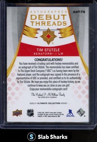 2020-21 ULTIMATE COLLECTION TIM STUTZLE DEBUT THREADS ROOKIE PATCH AUTO ...