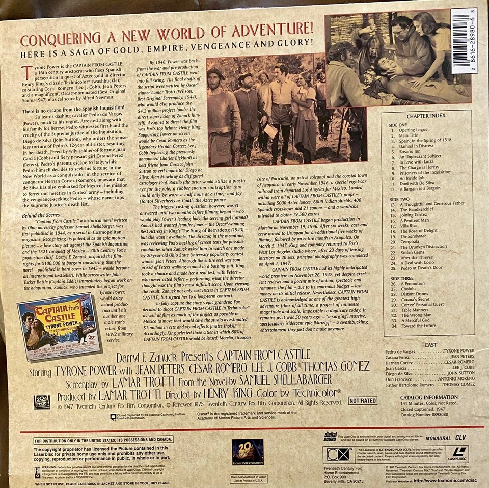 CAPTAIN FROM CASTILE, 2 LASERDISCS, TYRONE POWER, CESAR ROMERO, LEE J ...