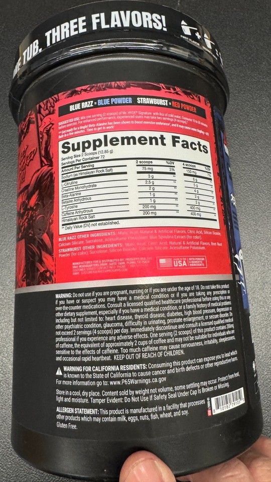 Mr. Hyde Signature Pre-Workout/Creatine Blue Razz/Strawburst,36.6 oz,72 ...