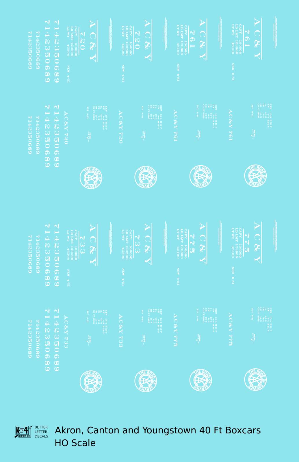 K4 HO Scale Decals Akron Canton and Youngstown 40 Ft Boxcar White ACY ...