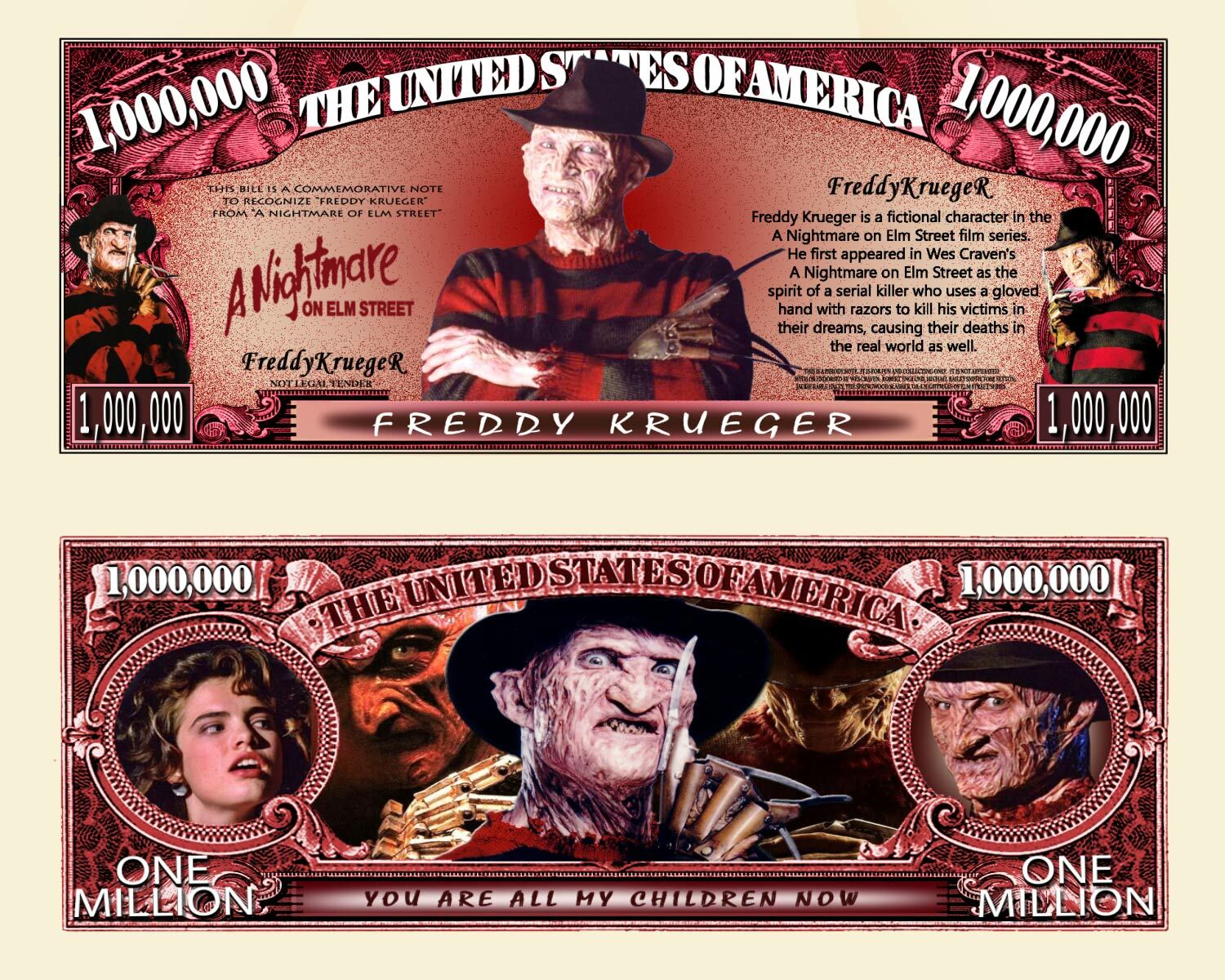 Freddy Krueger Nightmare Elm St Million Dollar Bill Fun Money Note ...