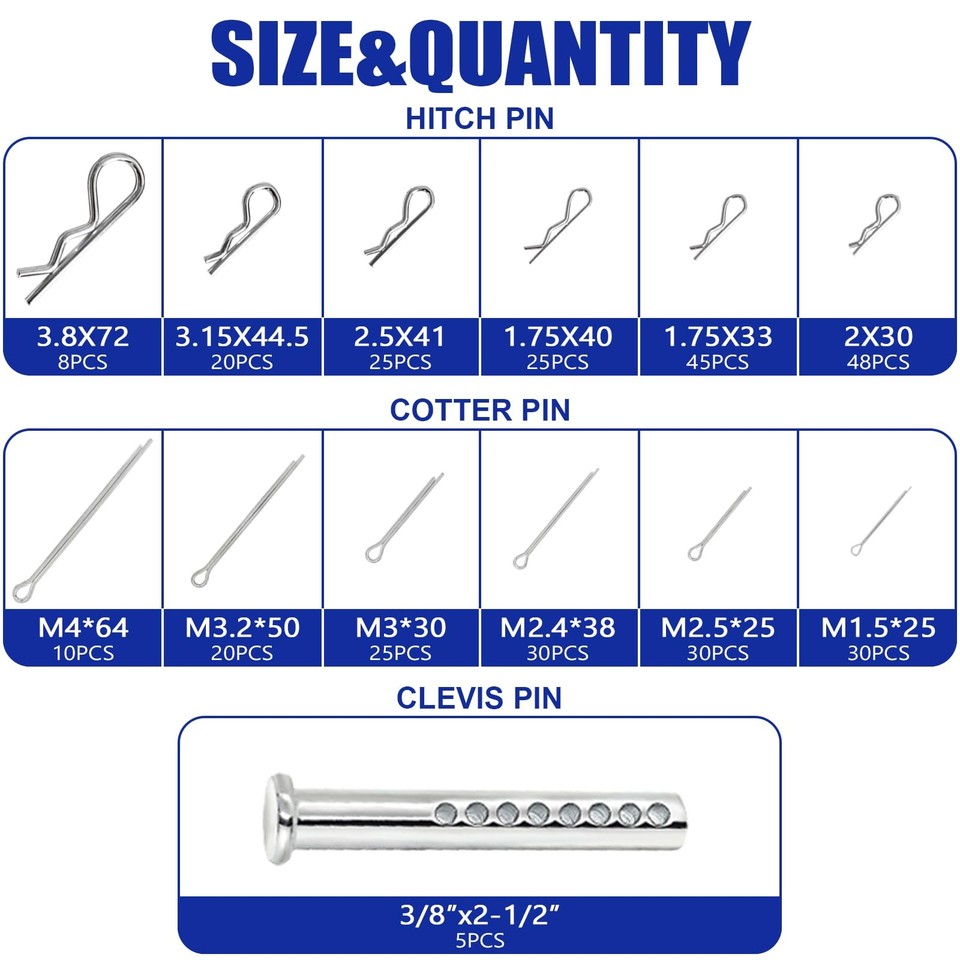 367 PCS Heavy Duty Pin Assortment Kit, Hitch Pins R Clip PIns/ Hair ...