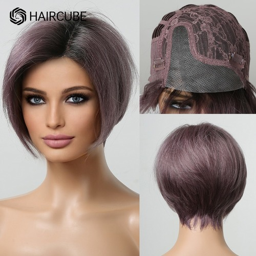 Straight Human Hair Short Bob Purple Pixie Cut 13*1 Lace Front Human Hair Wigs | eBay