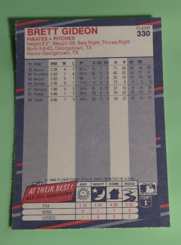 Brett Gideon 1988 - Fleer #330 Pittsburgh Pirates - Rookie | eBay