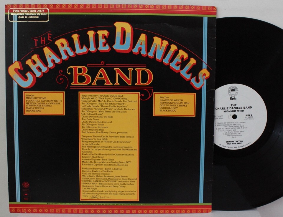 CHARLIE DANIELS BAND "Midnight Wind" LP (Epic 34970, orig '77 PROMO) NM ...