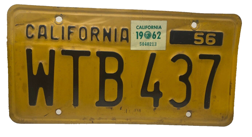 1956 Black Yellow California CA License Plate Tag Single WTB437 1962 ...