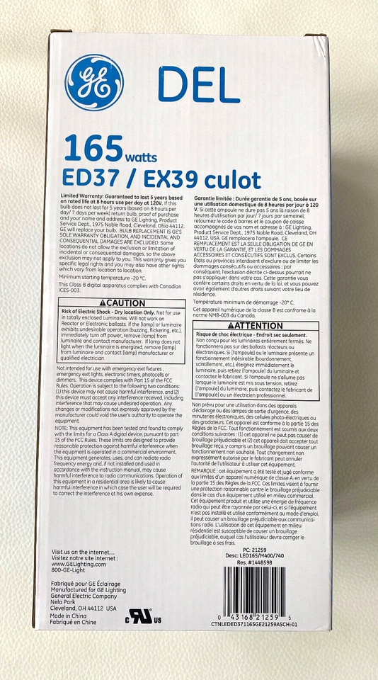 GE LED 4000K ED37/EX39 BASE LED165/M400/740 LED Bulb GENUINE | eBay