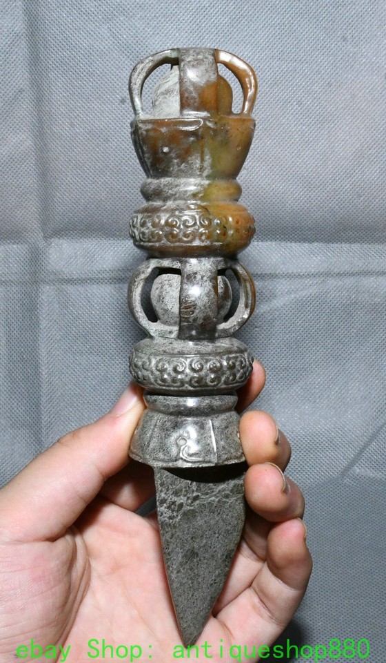 6.7''Old China Dynasty Jade Carved Fengshui Exorcism Phurba Dagger ...