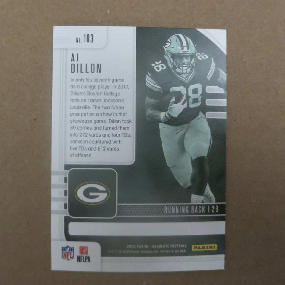 A.J. Dillon RC 2020 Absolute #103 Green Bay Packers "Quadzilla" Boston ...