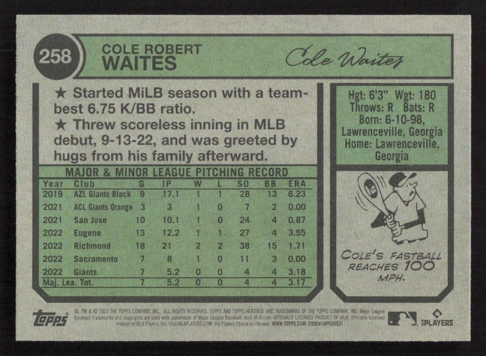 2023 Topps Heritage Cole Waites #258 Baseball Rookie San Francisco ...