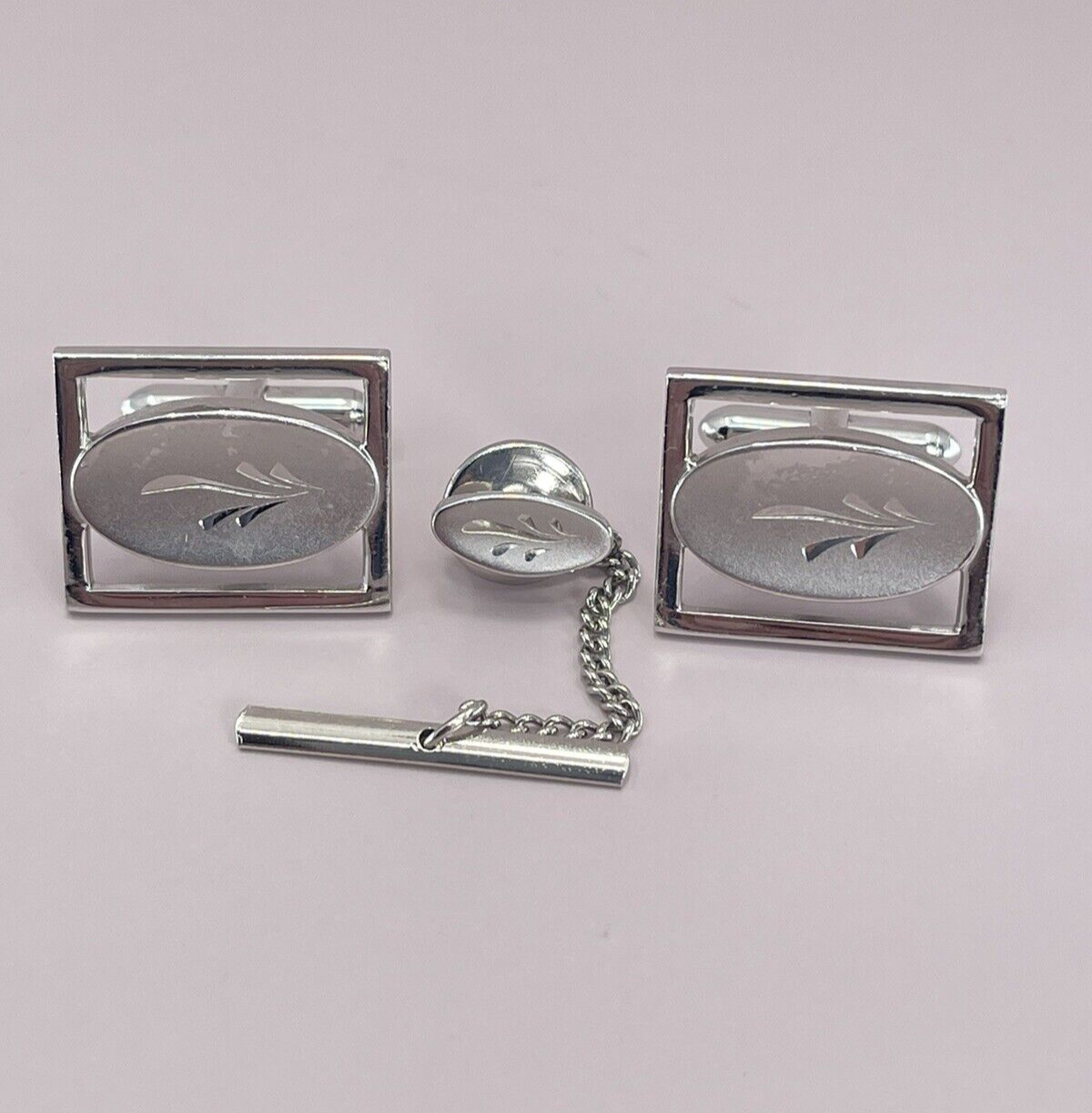 vintage Swank cufflink and tie clip set silver tone square oval etched ...