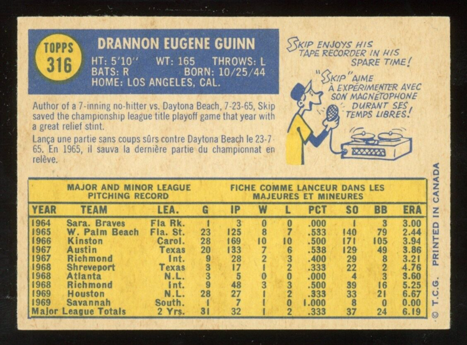 1970 TOPPS OPC O PEE CHEE MLB BASEBALL #316 SKIP GUINN EX-NM HOUSTON ...