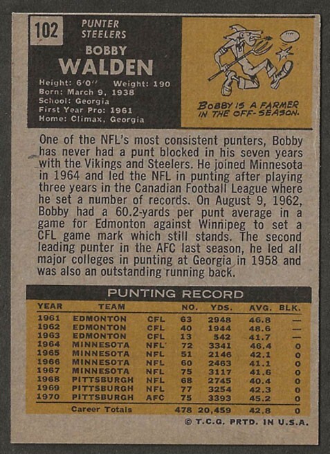 1971 Topps #102 BOBBY WALDEN Pittsburgh Steelers - EXMT+ 05 | eBay