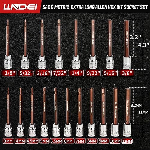 3/8inch Drive Extra Long Allen Hex Bit Socket Set 19pcs Standard Sae ...