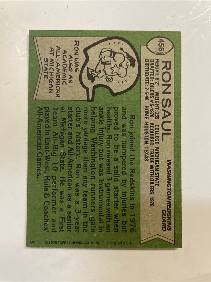 1978 Topps Ron Saul Autographed Card #456 Washington Redskins Deceased ...