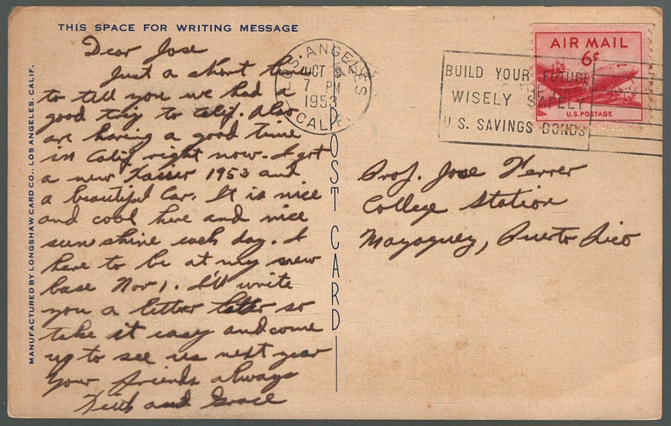 US Airmail Cover Los Angeles to Puerto Rico 1953 Patmars Drive In El ...