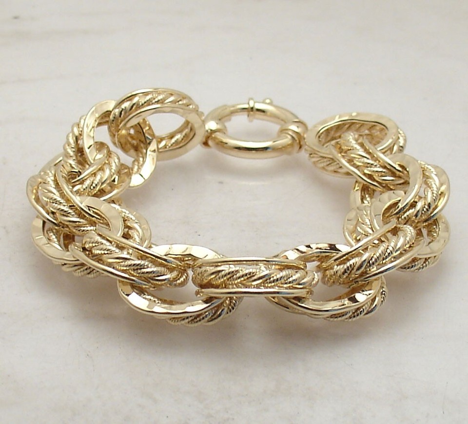 7.5" Twisted Triple Row Oval Link Bracelet Spring Ring Lock Real 14K ...