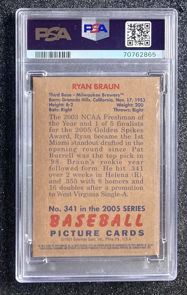2005 Bowman Heritage Ryan Braun/Fielding-Mahogany #341 Milwaukee PSA 8 ...
