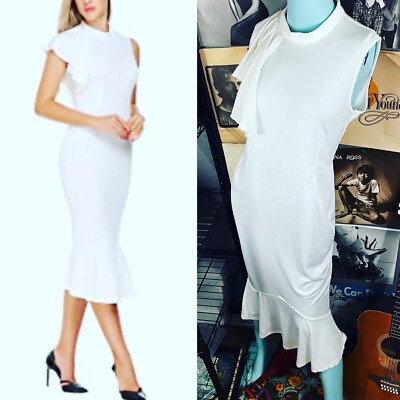 🔥 NWOT FINEJO WHITE RUFFLE COCKTAIL FORMAL CONTOUR MIDI STRETCH DRESS M ...