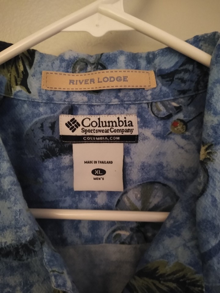 Columbia Hawaiian Shirt Mens Size XL River Lodge Blue Tropical Cocktail ...
