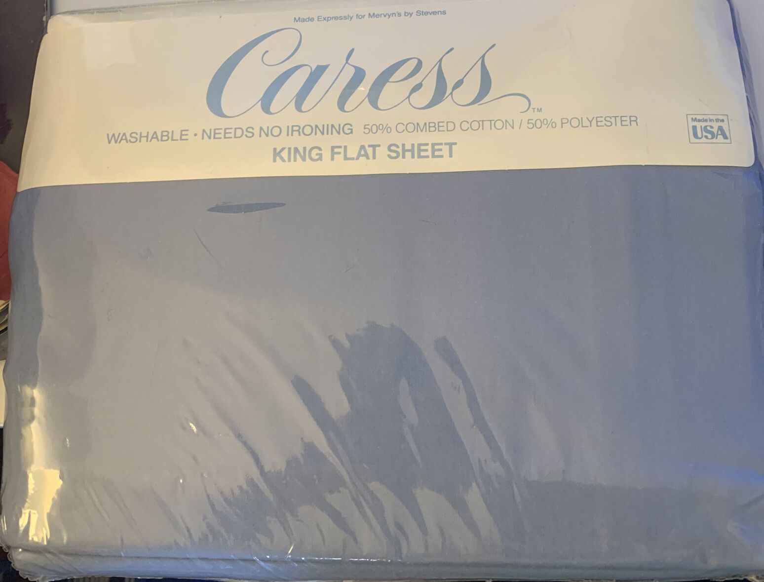 Caress King Flat Sheet NEW No Iron 50/50 Combed Cotton/Polyester Delft ...