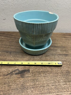 MCCOY Aqua Blue 5 3/4” BASKET WEAVE Flower POT Planter, with Attached ...
