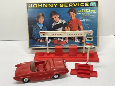 Vtg Topper Toys Johnny Service Gas Station w/ Project Car Fuel Pumps ...