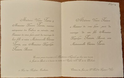 1914 Faire-part mariage Hippolyte RAISON & Thérèse PERRIN - Toulouse ...