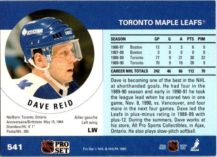 1990-91 Pro Set #541 Dave Reid Toronto Maple Leafs | eBay