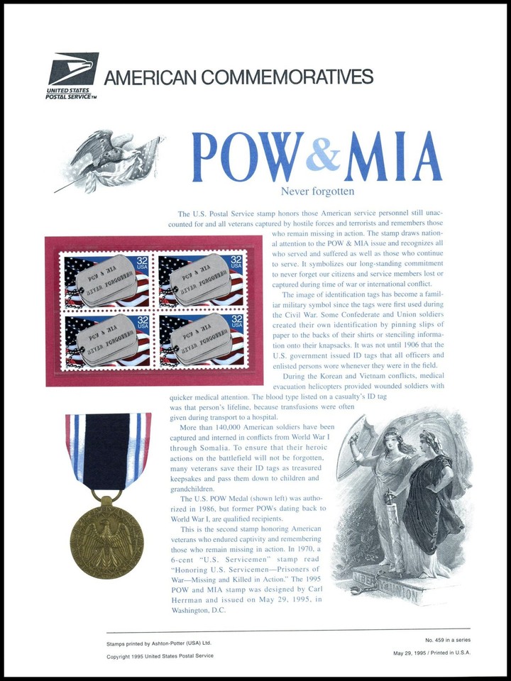 1995 POW & MIA ID tags war flag CP462 commemorative panel 459 MNH Sc ...
