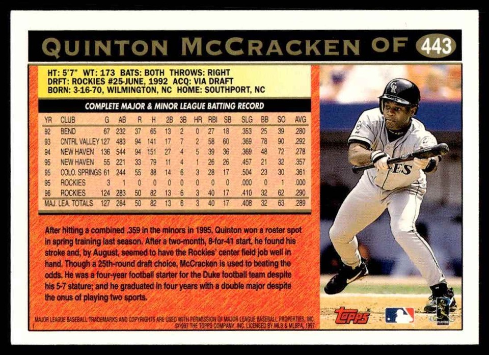 1997 Topps Baseball Card Quinton McCracken Colorado Rockies #443 | eBay