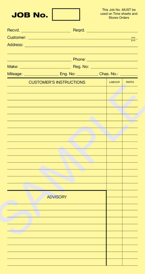 VEHICLE REPAIR JOB CARD CAR REPAIR JOB CARDS JOB SHEET Pack of 50 ...