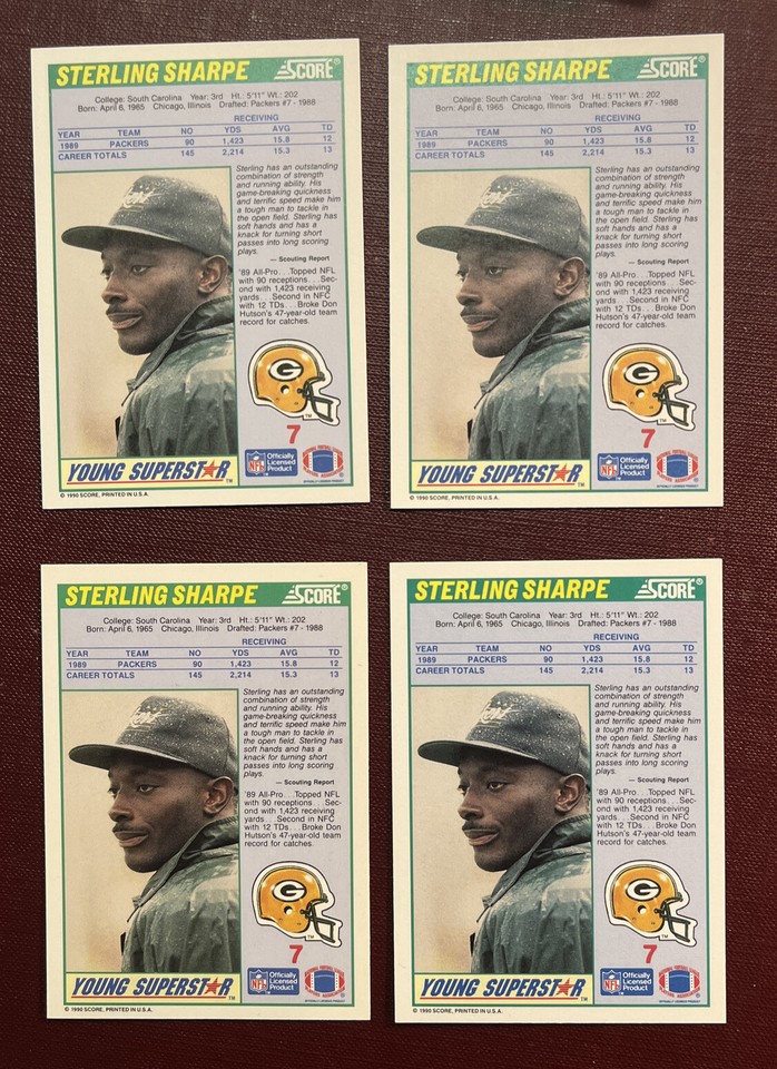 4 Sterling Sharpe 1990 Score Young Superstar Rookie Glossy Cards, MINT ...